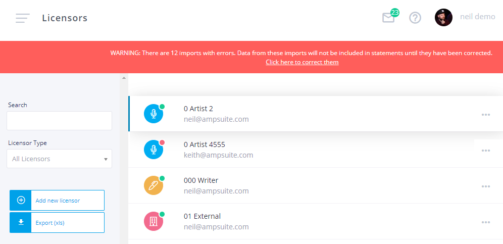 Licensors Screen – ampsuite